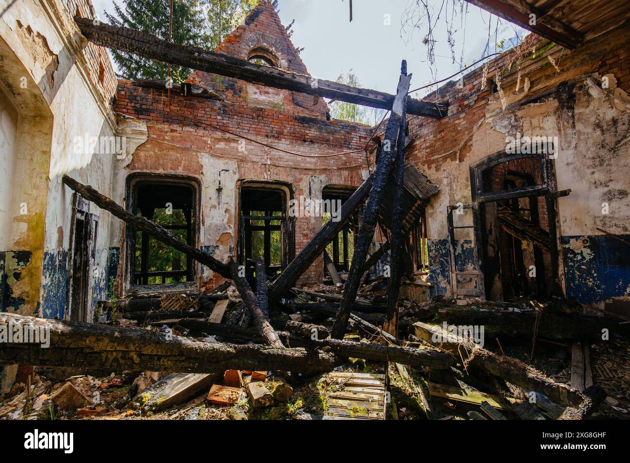Completely burnt old mansion. Consequences of fire or war, etc Stock ...