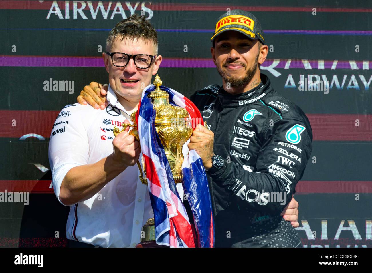 Silverstone, UK. 07th July 2024. Lewis Hamilton and Peter Bonnington of ...