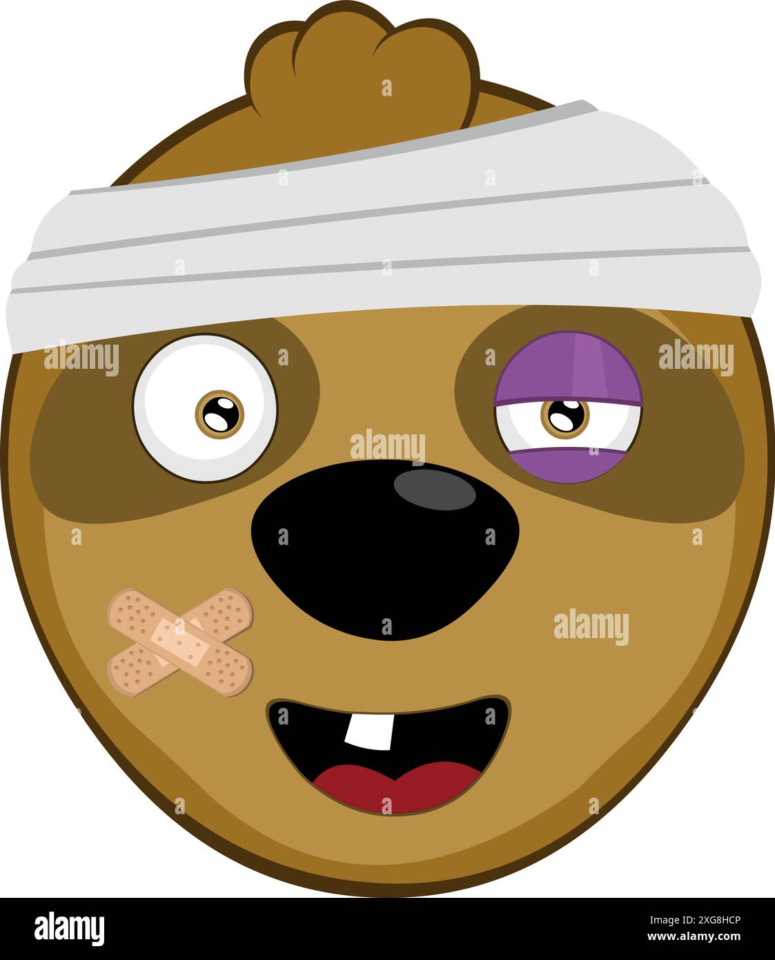 vector illustration face bear sloth character animal cartoon, injured with bandages on his head ...