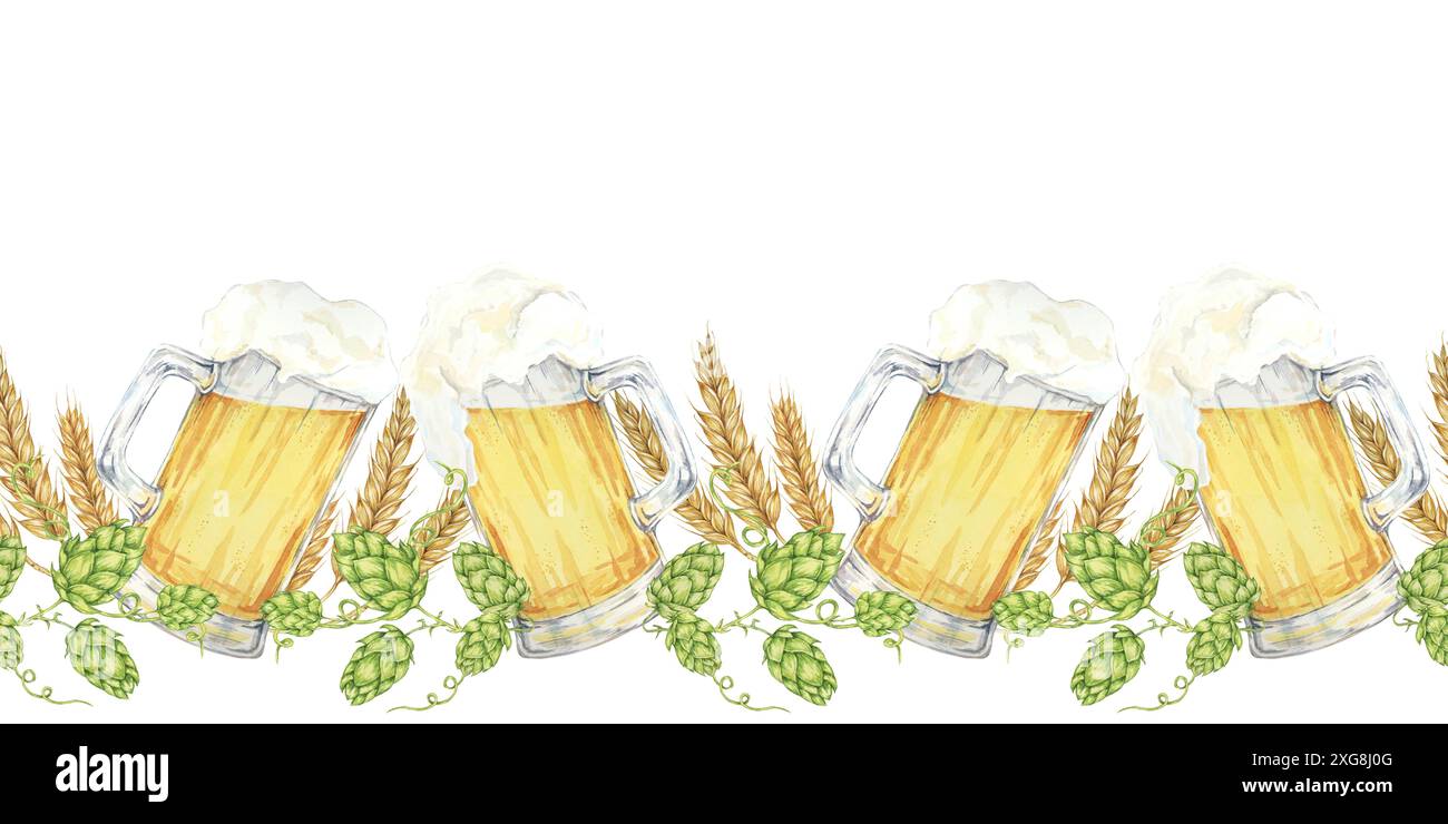 Beer mugs with frothy tops surrounded by hops, barley, and wheat ...