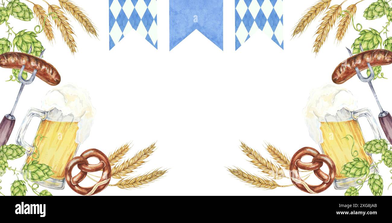 Frothy beer mugs, hops, barley, sausages, pretzels, and Bavarian flags ...