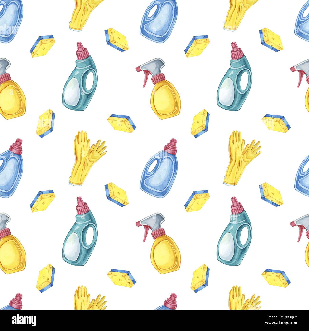 Cleaning items seamless pattern including gloves, spray bottles, and ...