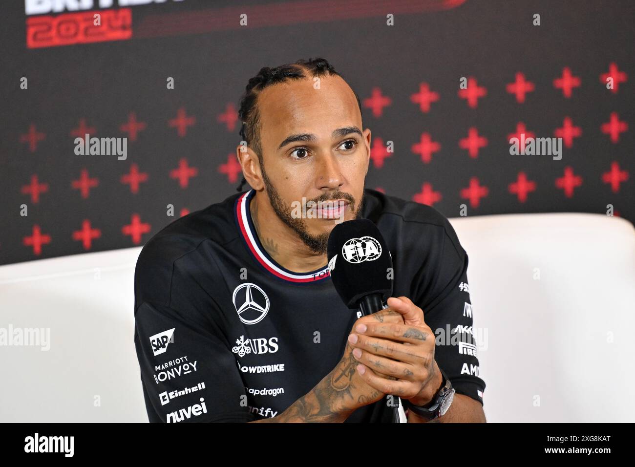 Towcester, UK, 07 July 2024. Lewis Hamilton during the post race media ...