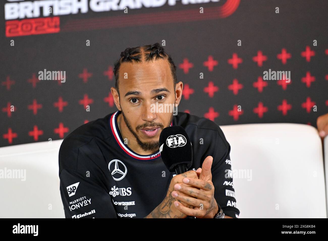 Towcester, UK, 07 July 2024. Lewis Hamilton during the post race media ...