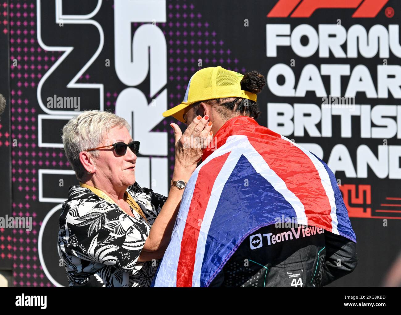 Towcester, UK. 07th July, 2024. Lewis Hamilton celebrates as he wins ...