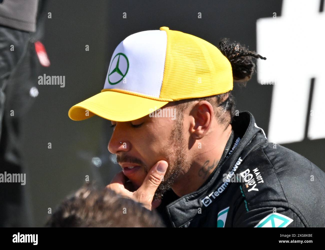 Towcester, UK. 07th July, 2024. Lewis Hamilton celebrates as he wins ...