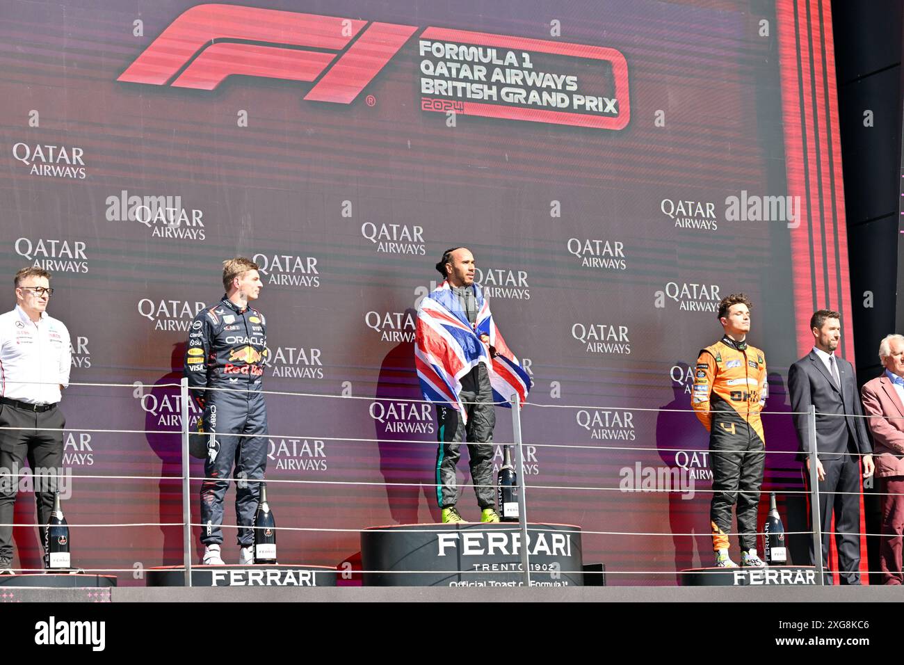 Towcester, UK. 07th July, 2024. Lewis Hamilton celebrates as he wins ...