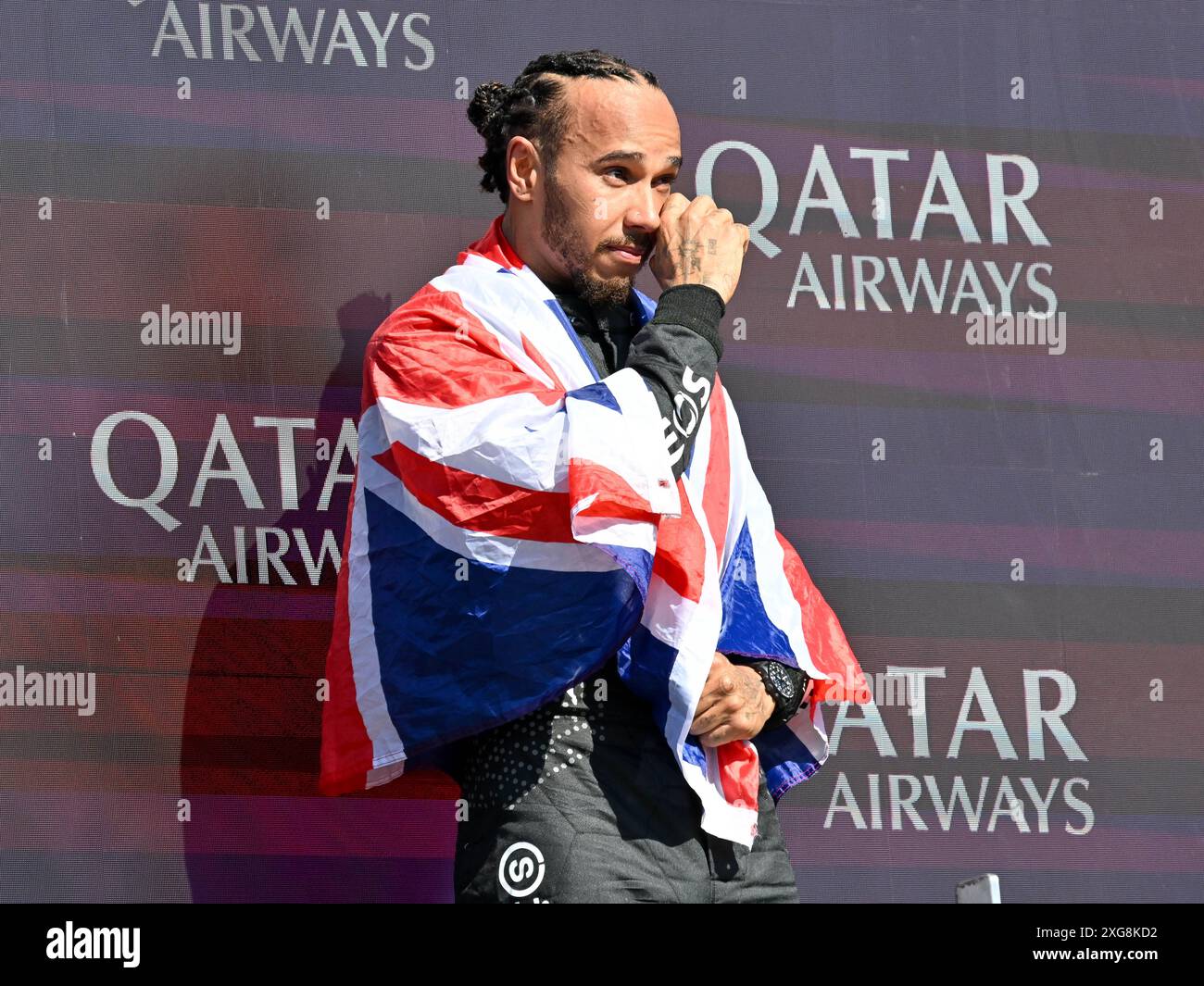 Towcester, UK. 07th July, 2024. Lewis Hamilton celebrates as he wins ...
