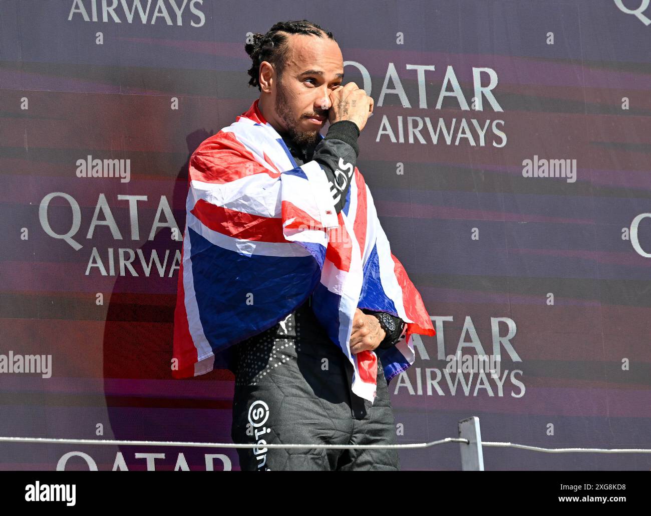 Towcester, UK. 07th July, 2024. Lewis Hamilton celebrates as he wins ...