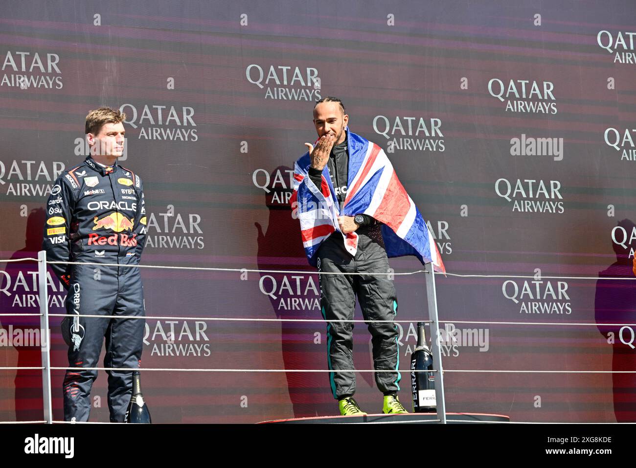 Towcester, UK. 07th July, 2024. Lewis Hamilton celebrates as he wins ...