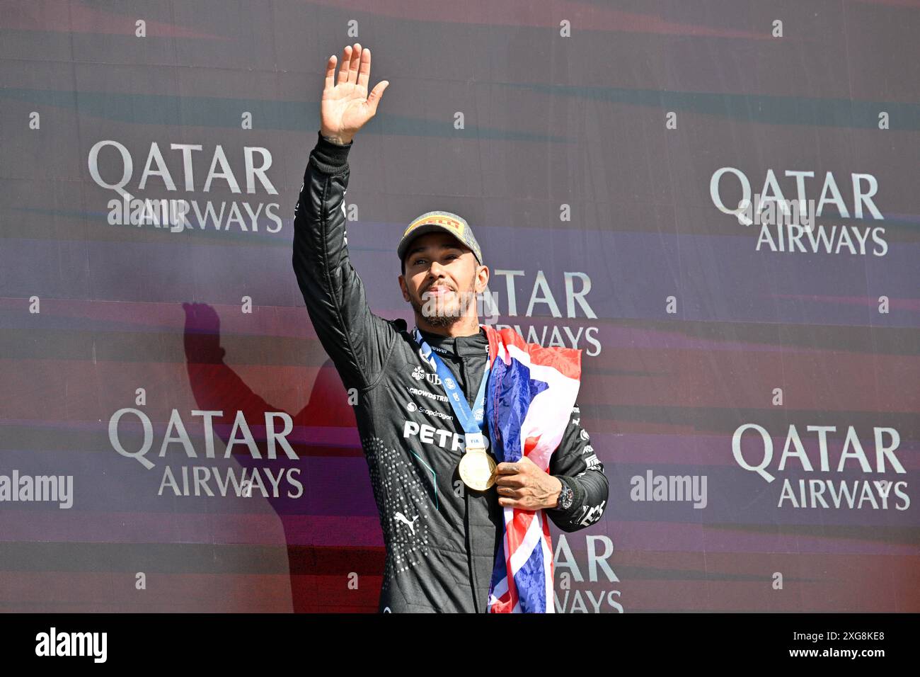 Towcester, UK. 07th July, 2024. Lewis Hamilton celebrates as he wins ...