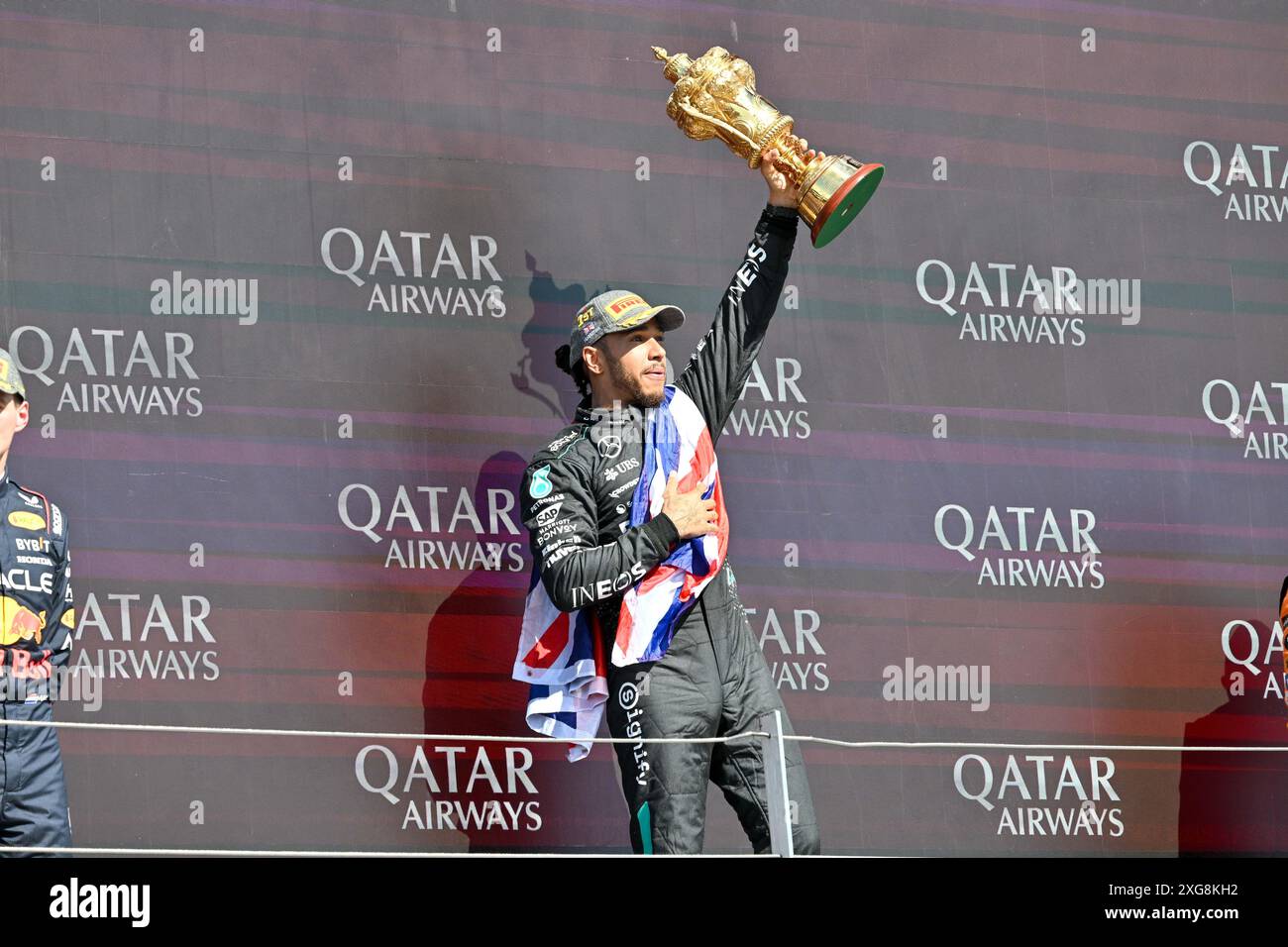 Towcester, UK. 07th July, 2024. Lewis Hamilton celebrates as he wins ...