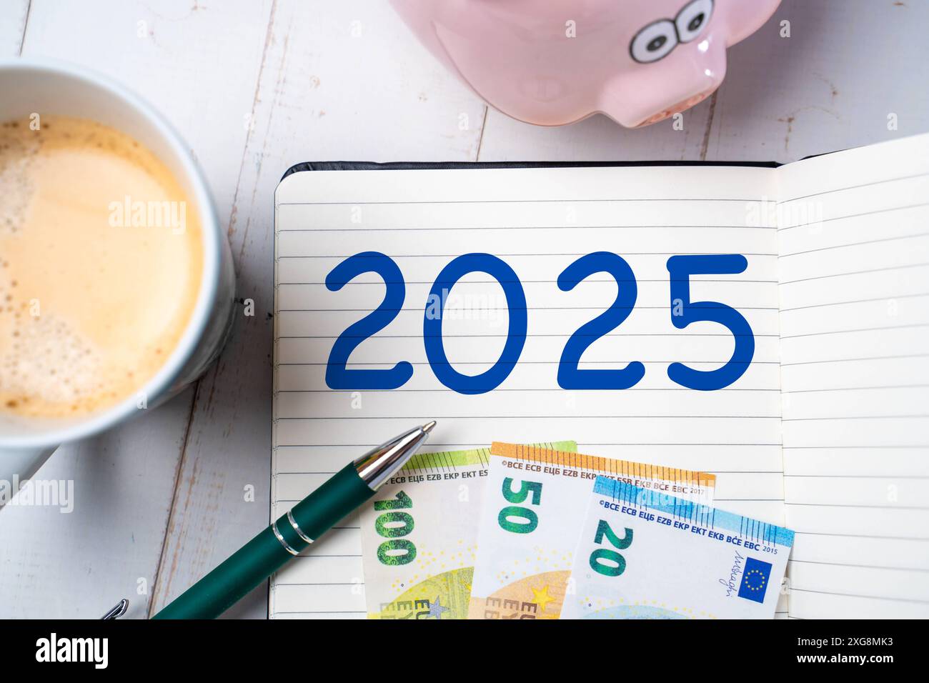 7 July 2024: Financial planning 2025: Coffee, notebook with the year ...