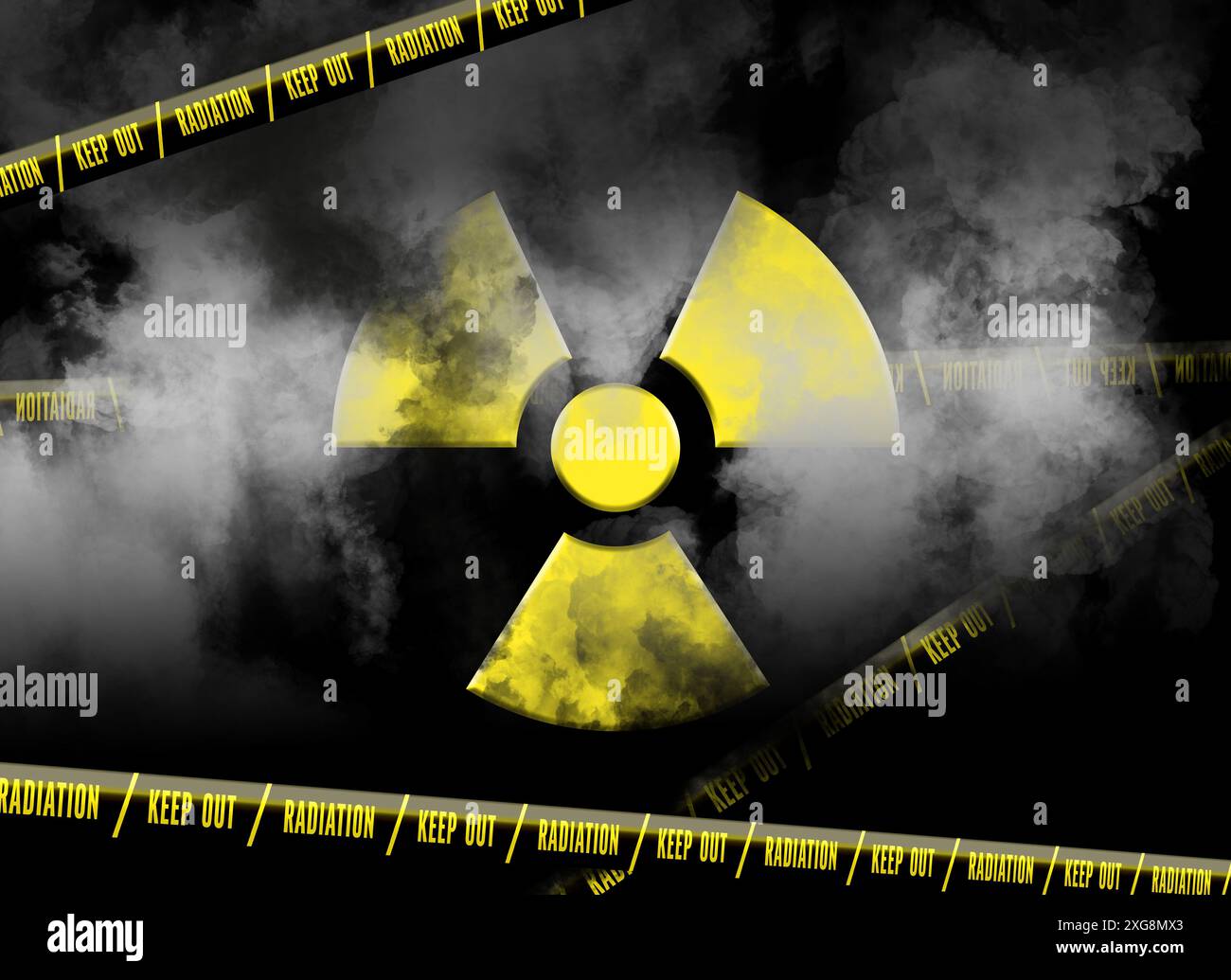 Toxic black smoke with radiation sign.Radiation,do not enter tape ...