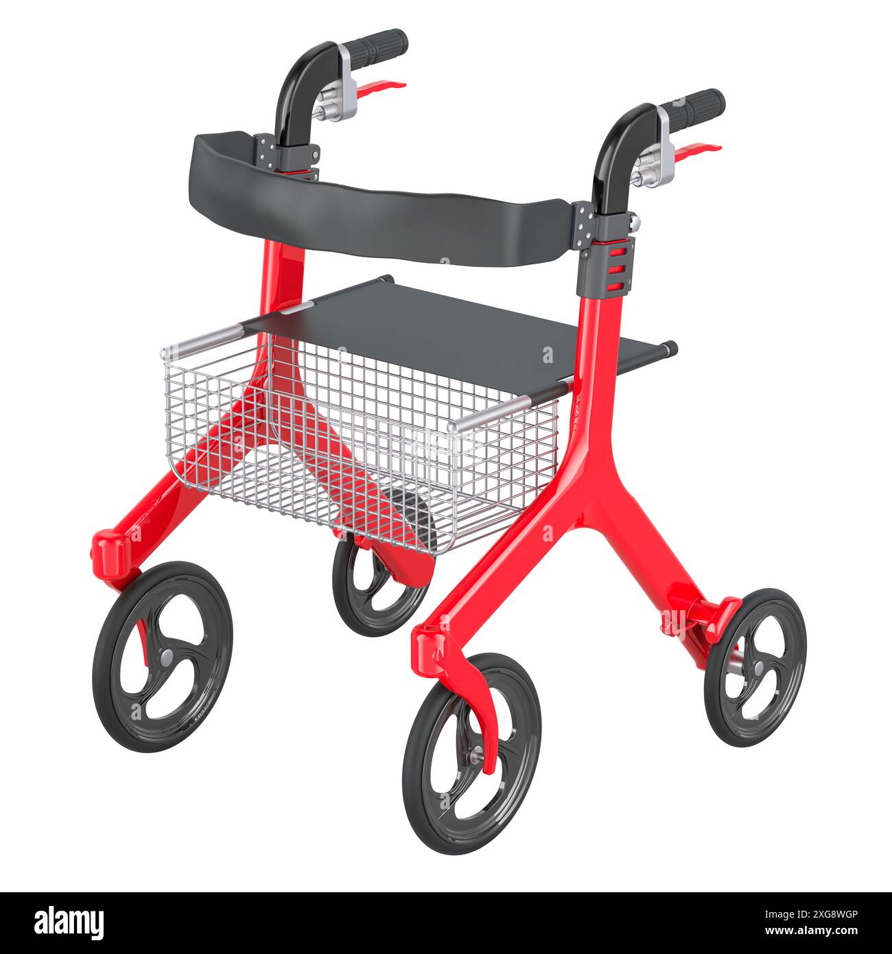 Rollator, red walker with basket, seat and 4 wheels. 3D rendering ...