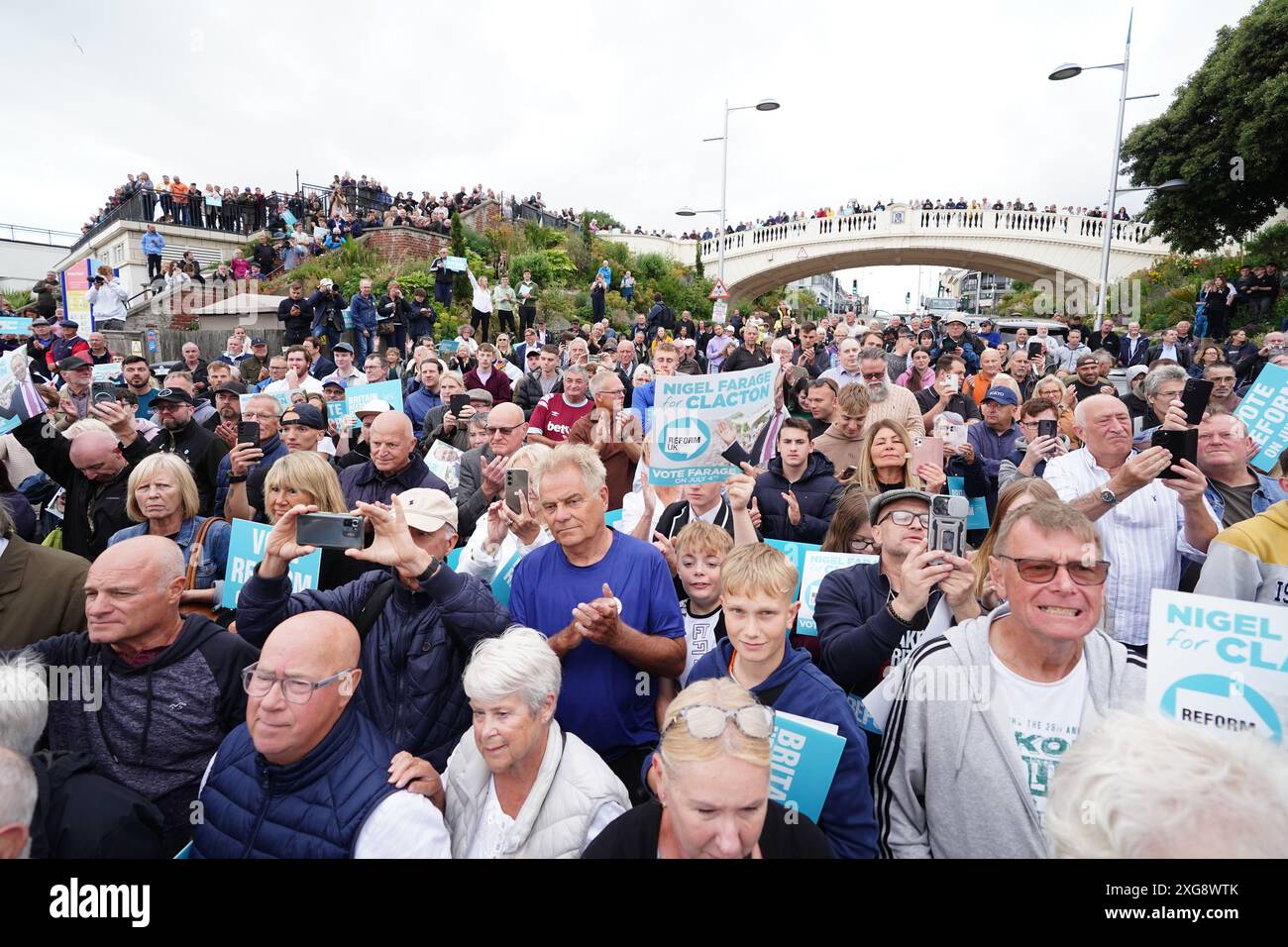 The crowd as Reform UK leader Nigel Farage makes a speech at Clacton ...