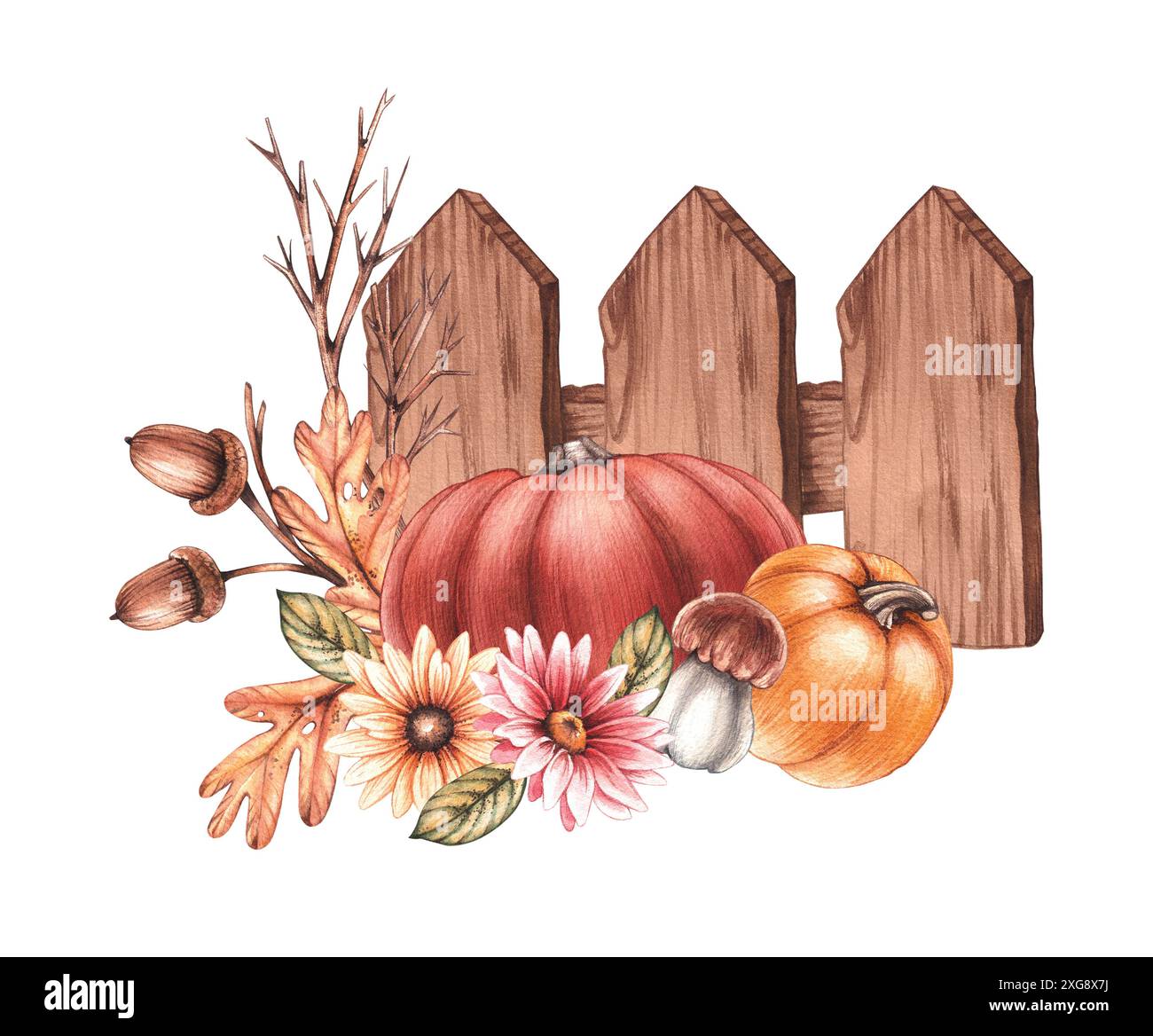 Watercolor autumn wooden fence with autumn flowers, leaves and pumpkins ...