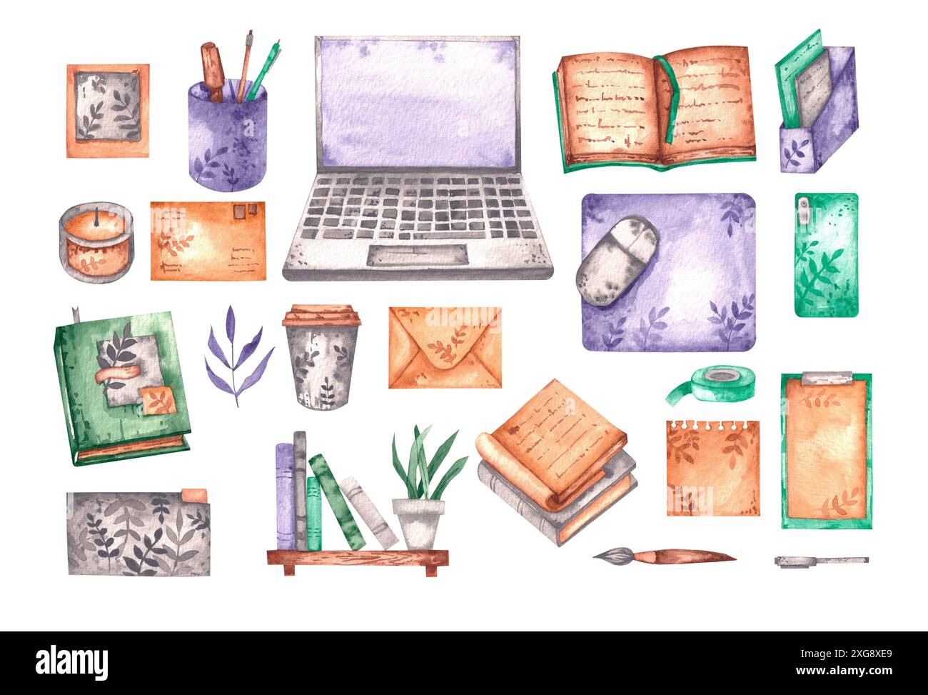 Watercolor set of stationery school and office supplies. Watercolor ...
