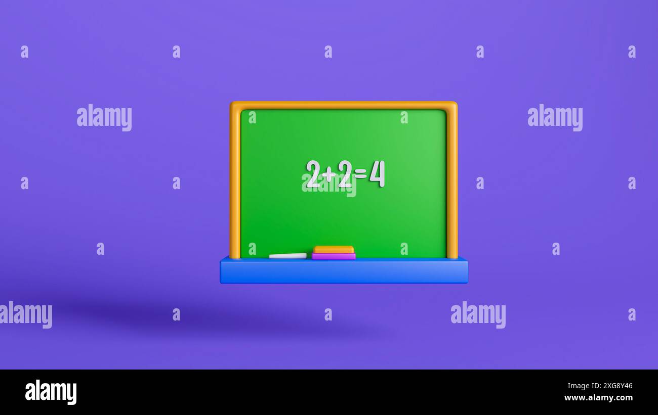 3D illustration of a green chalkboard with a simple math equation on ...