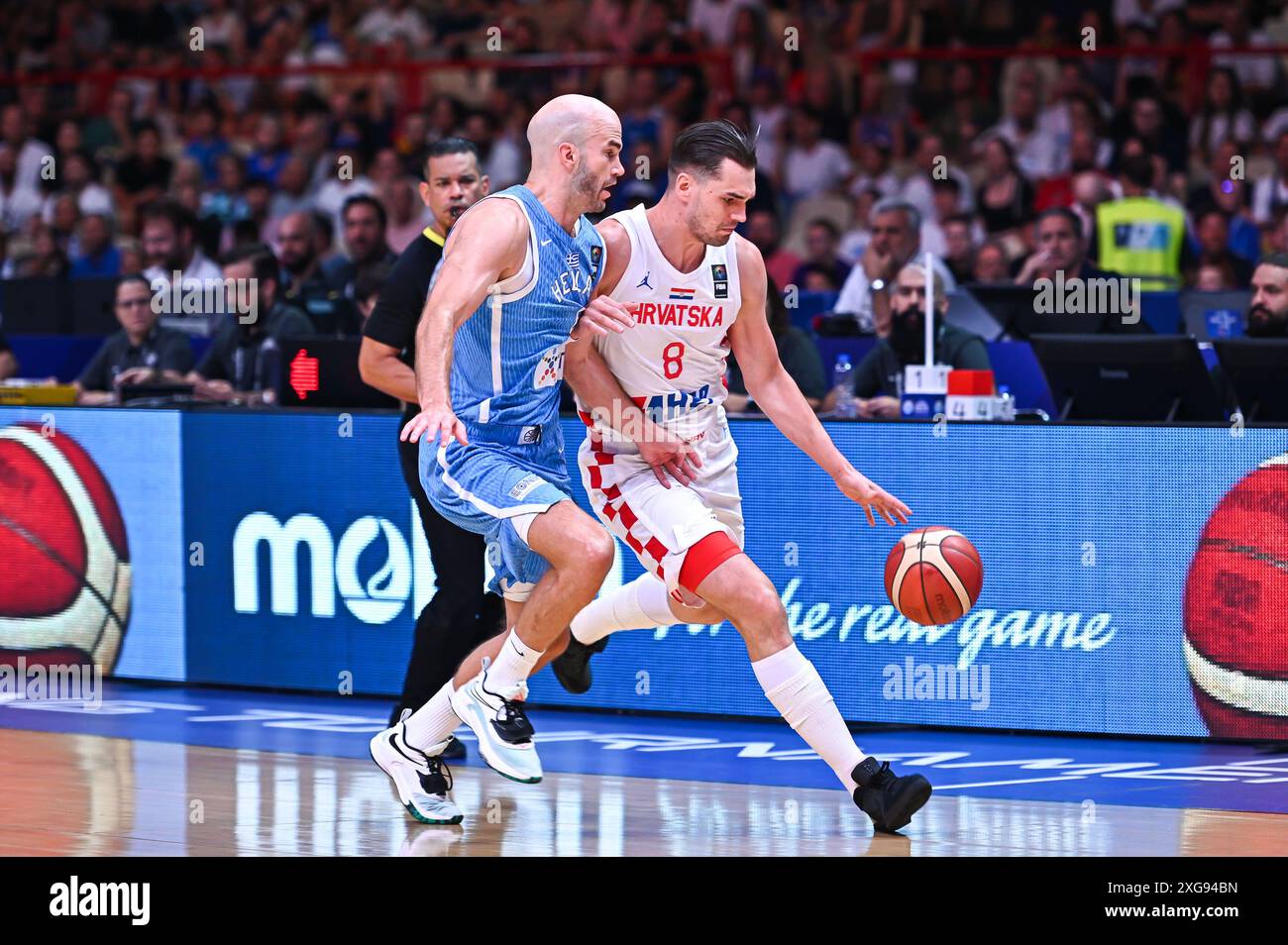 8 Mario Hezonja of Croatia competing with 8 Nick Calathes of Greece ...
