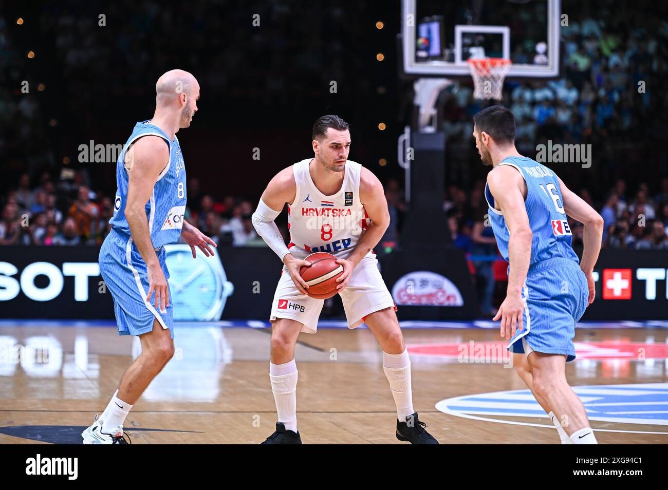 8 Mario Hezonja of Croatia competing with 8 Nick Calathes and 16 Kostas ...