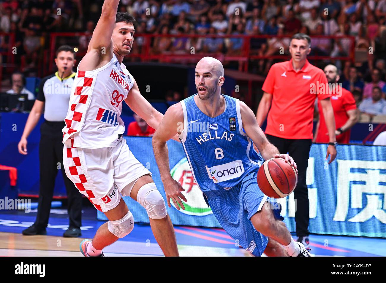 8 Nick Calathes of Greece competing with 99 Toni Nakic of Croatia ...