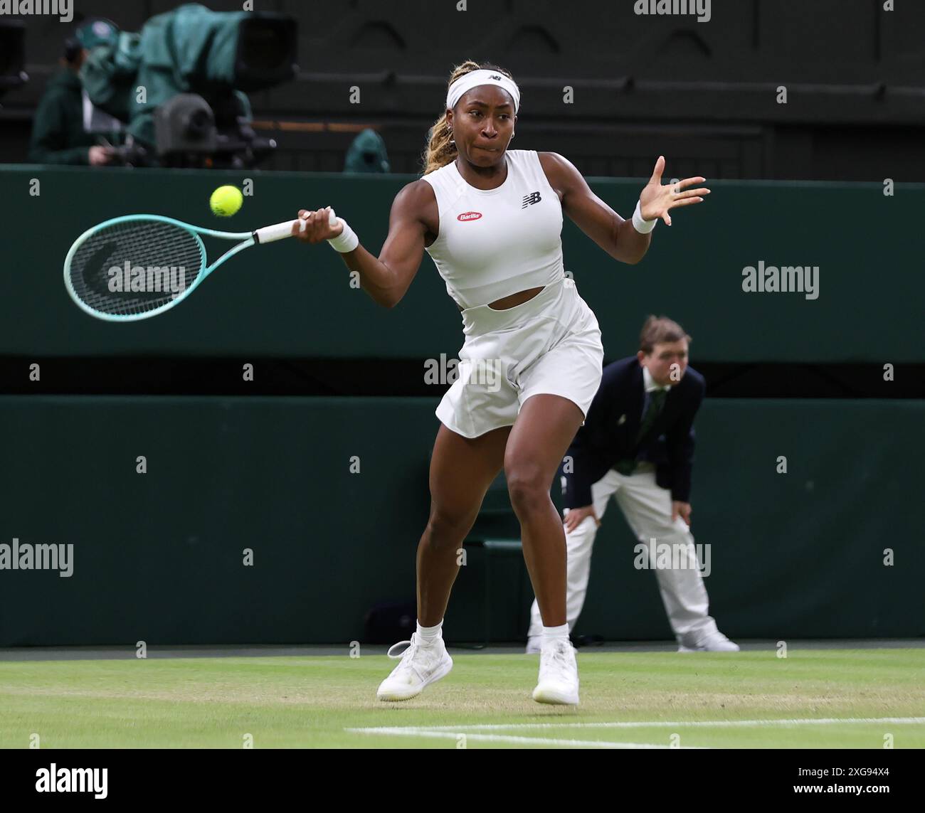 London, UK. 07th July, 2024. USA's Coco Gauff plays a forehand in her ...