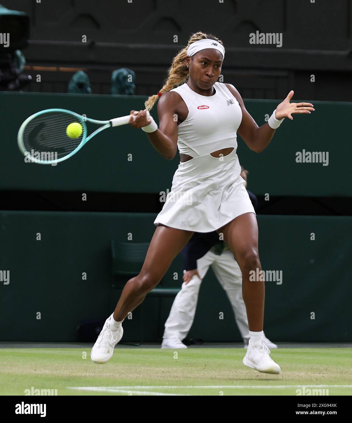 London, UK. 07th July, 2024. USA's Coco Gauff plays a forehand in her ...