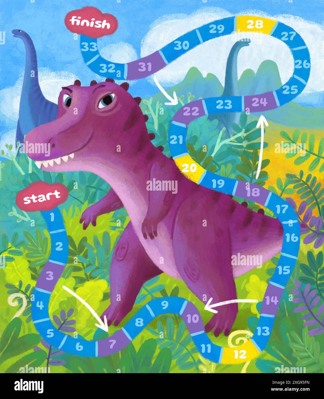 cartoon scene with dino dinosaurs animals in prehistoric jungle board ...