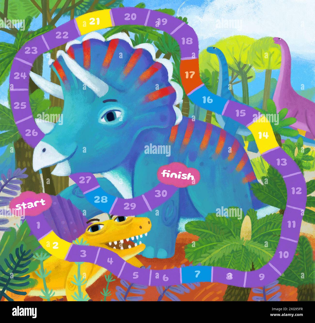 cartoon scene with dino dinosaurs animals in prehistoric jungle board ...