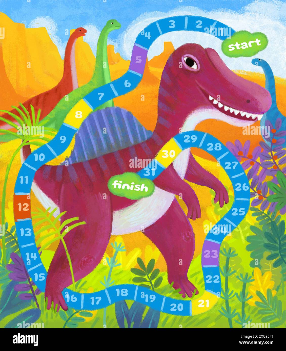 cartoon scene with dino dinosaurs animals in prehistoric jungle board ...