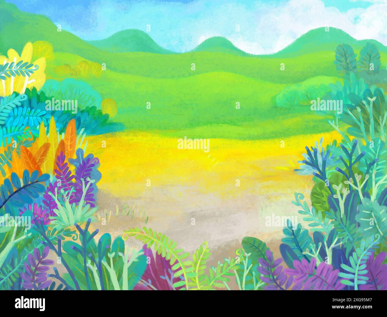 cartoon nature scene as frame border template with jungle forest ...