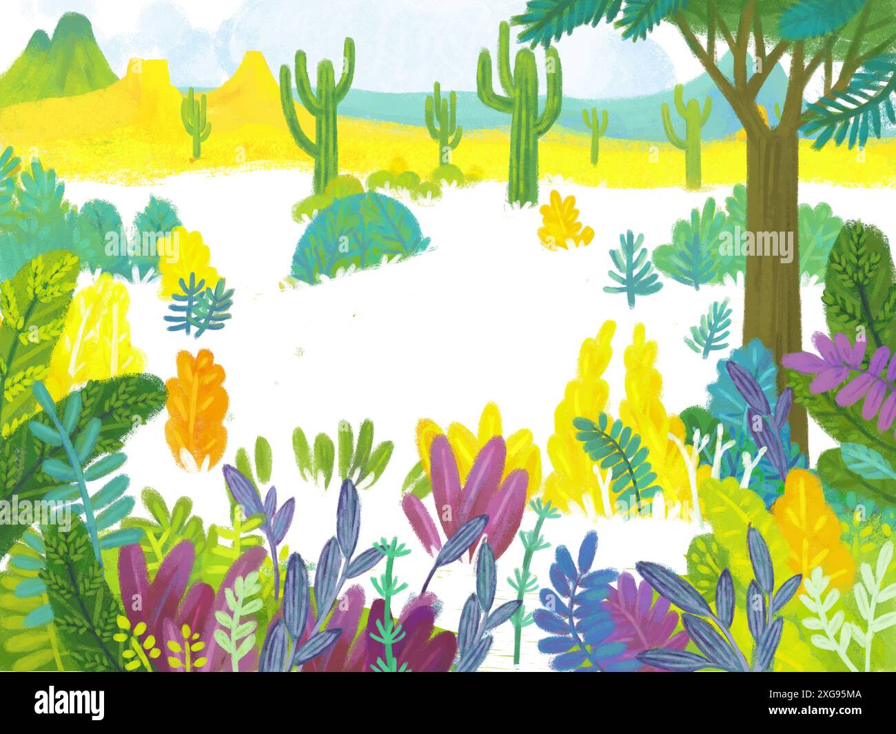 cartoon nature scene as frame border template with jungle forest ...