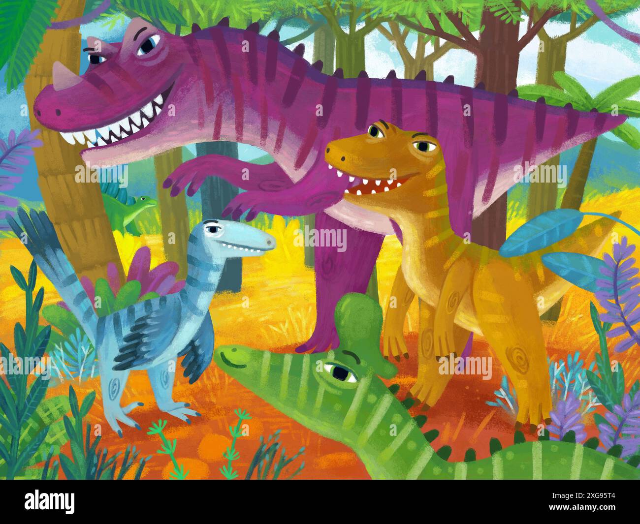 cartoon scene with happy prehistoric dinosaurs dinos living in the ...