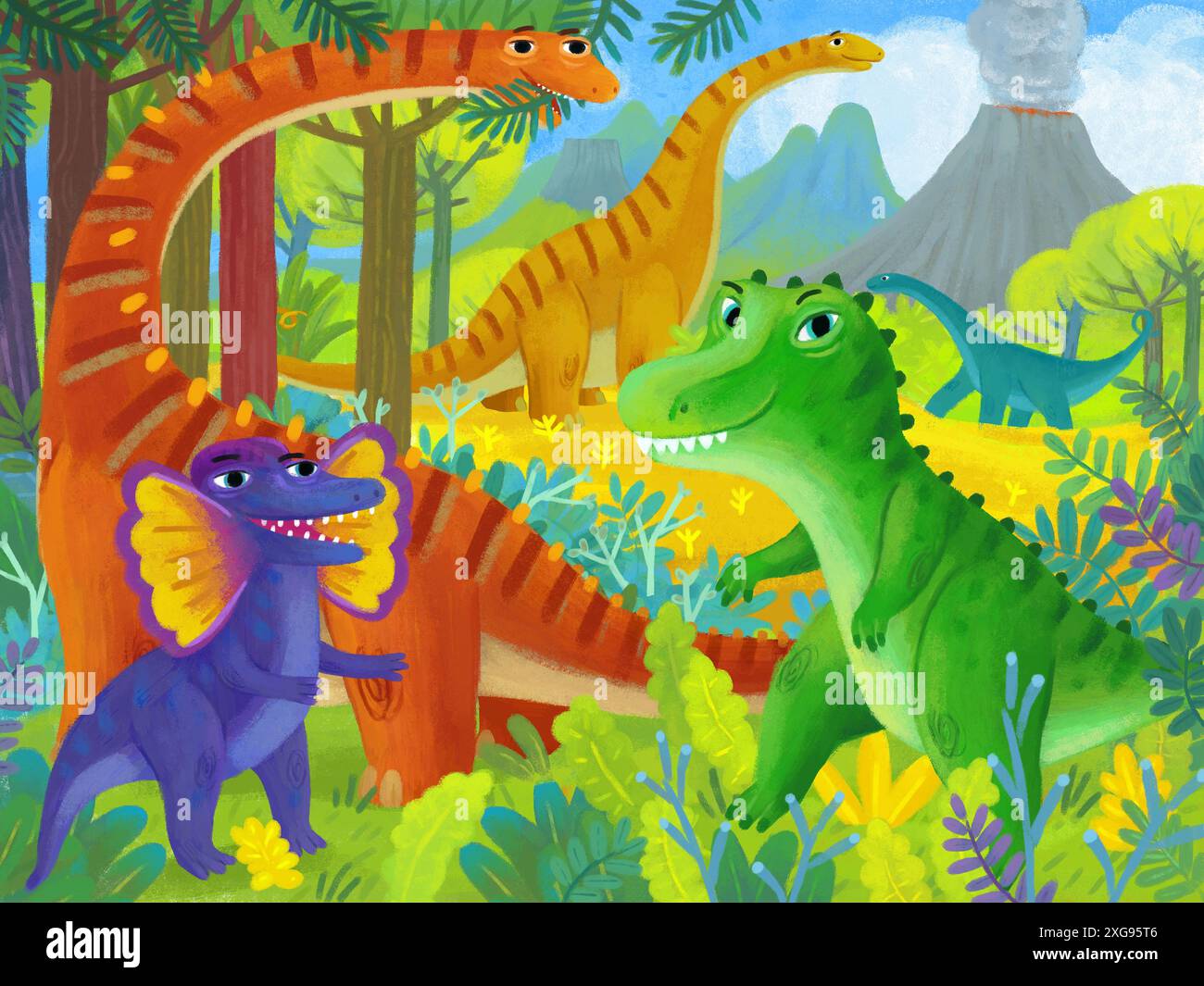 cartoon scene with happy prehistoric dinosaurs dinos living in the ...