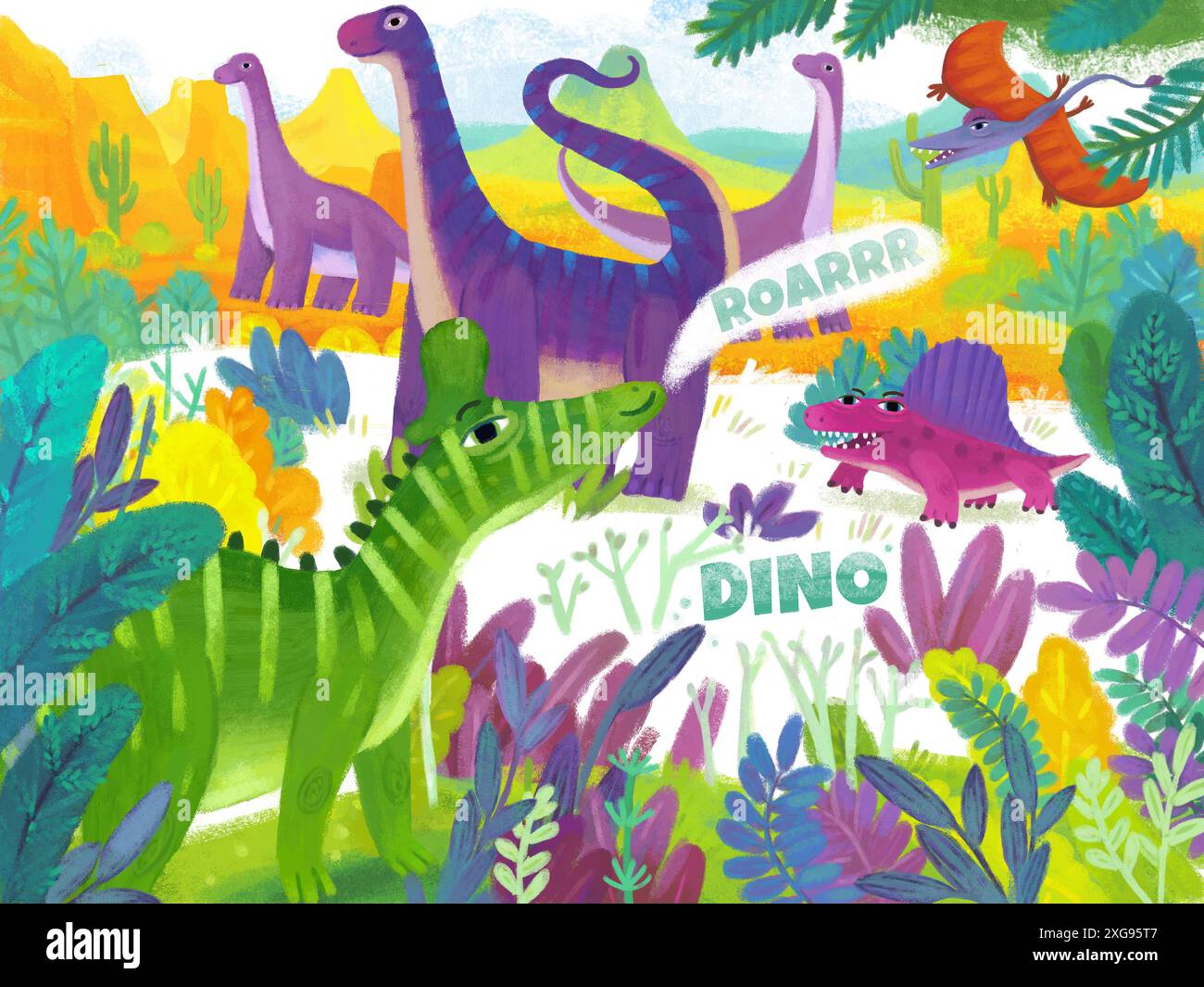 cartoon scene with happy prehistoric dinosaurs dinos living in the ...