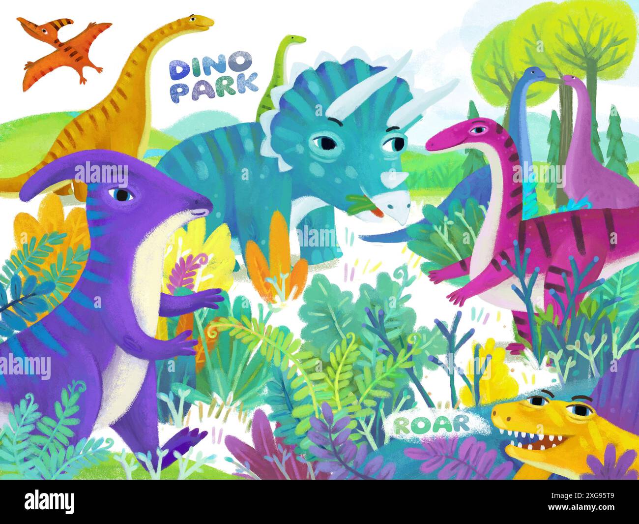 cartoon scene with happy prehistoric dinosaurs dinos living in the ...