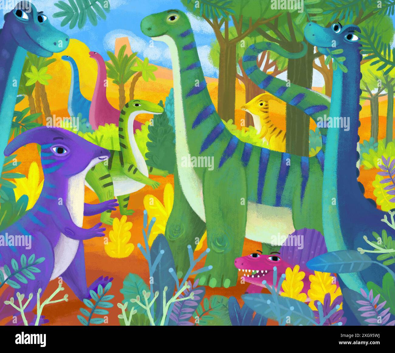 cartoon scene with happy prehistoric dinosaurs dinos living in the ...
