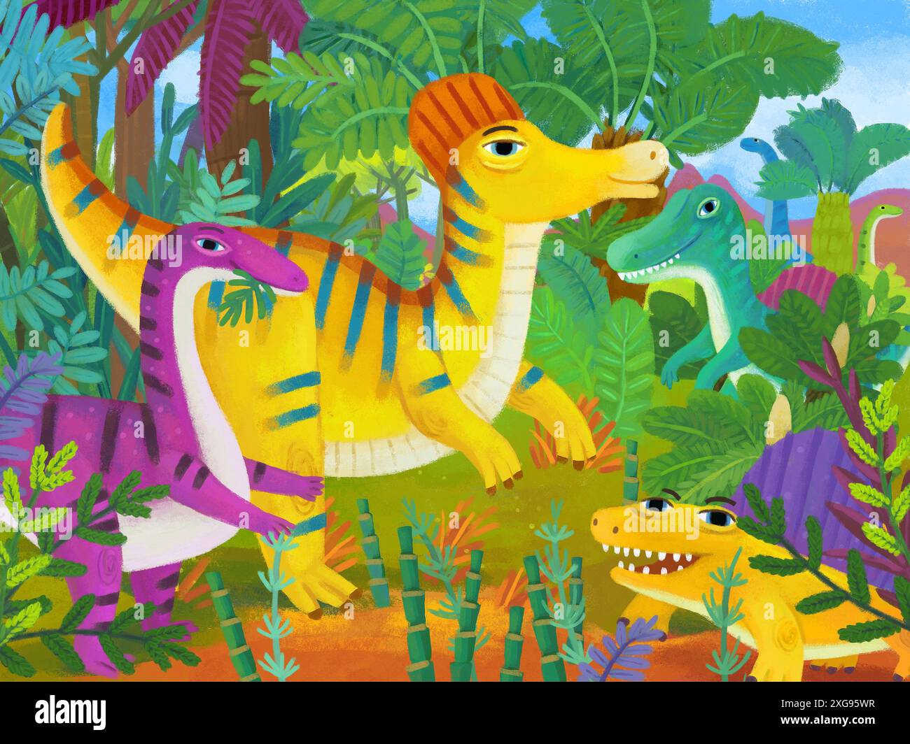 cartoon scene with happy prehistoric dinosaurs dinos living in the ...