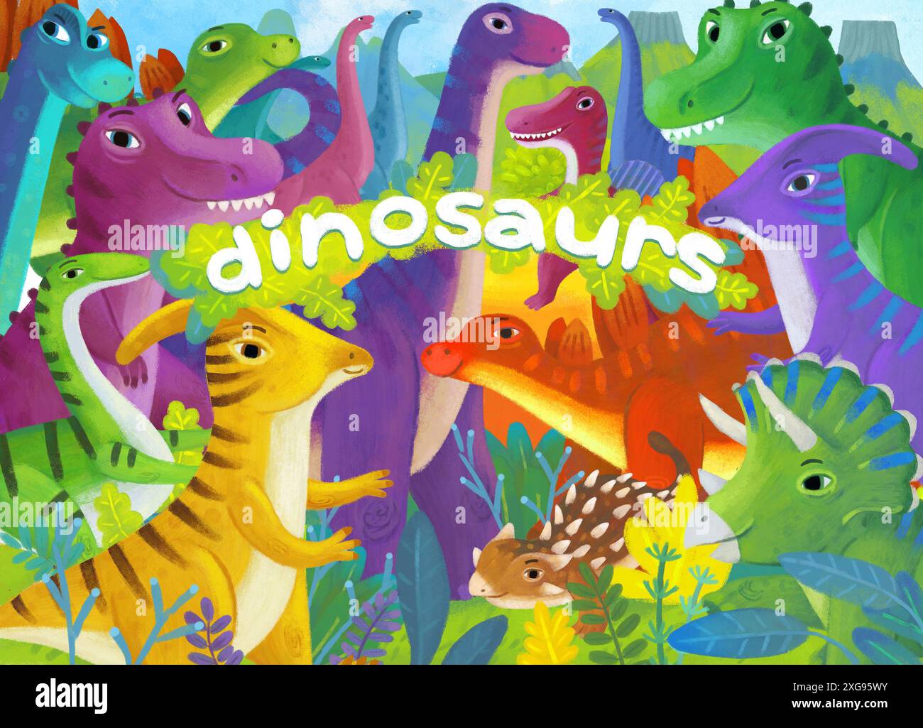 cartoon scene with happy prehistoric dinosaurs dinos living in the ...