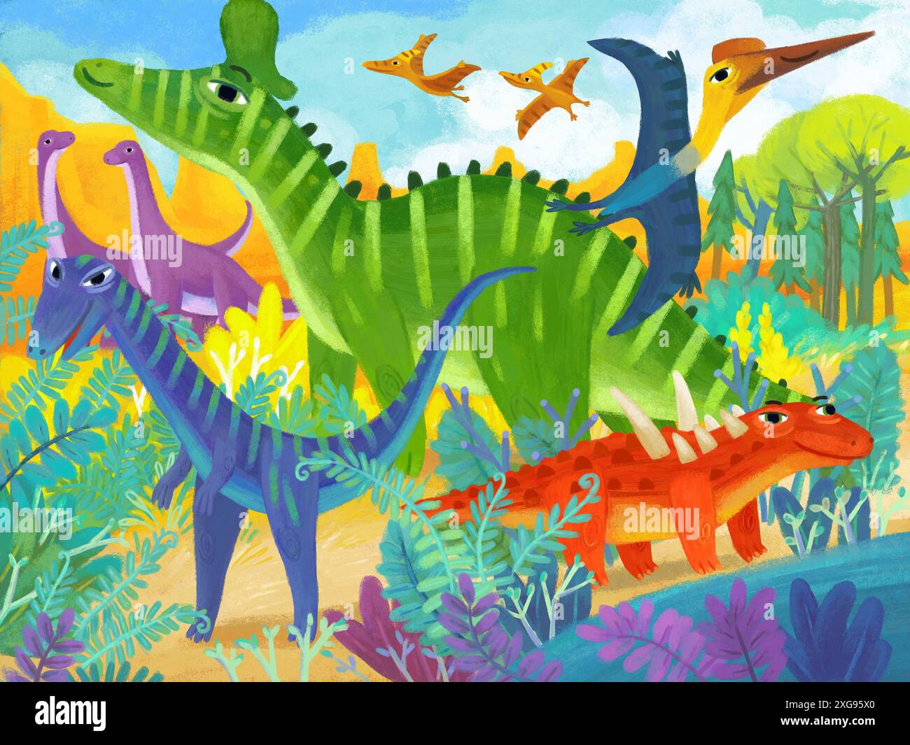 cartoon scene with happy prehistoric dinosaurs dinos living in the ...