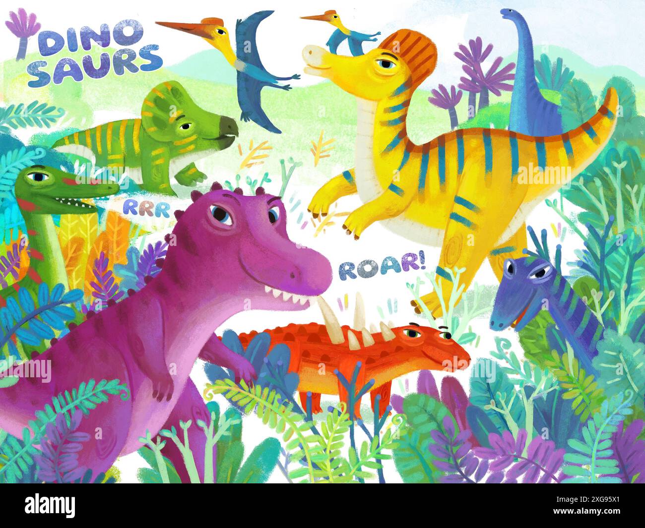 cartoon scene with happy prehistoric dinosaurs dinos living in the ...