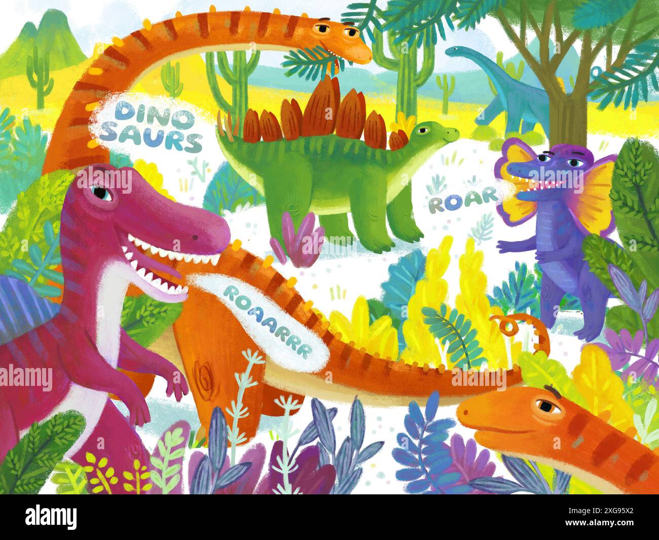 cartoon scene with happy prehistoric dinosaurs dinos living in the ...