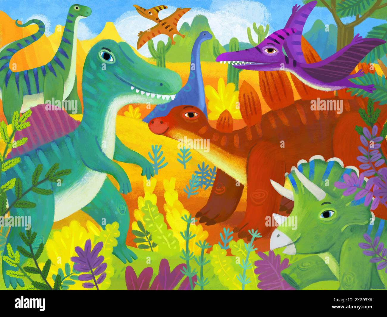 cartoon scene with happy prehistoric dinosaurs dinos living in the ...