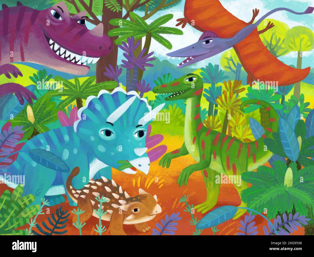 cartoon scene with happy prehistoric dinosaurs dinos living in the ...