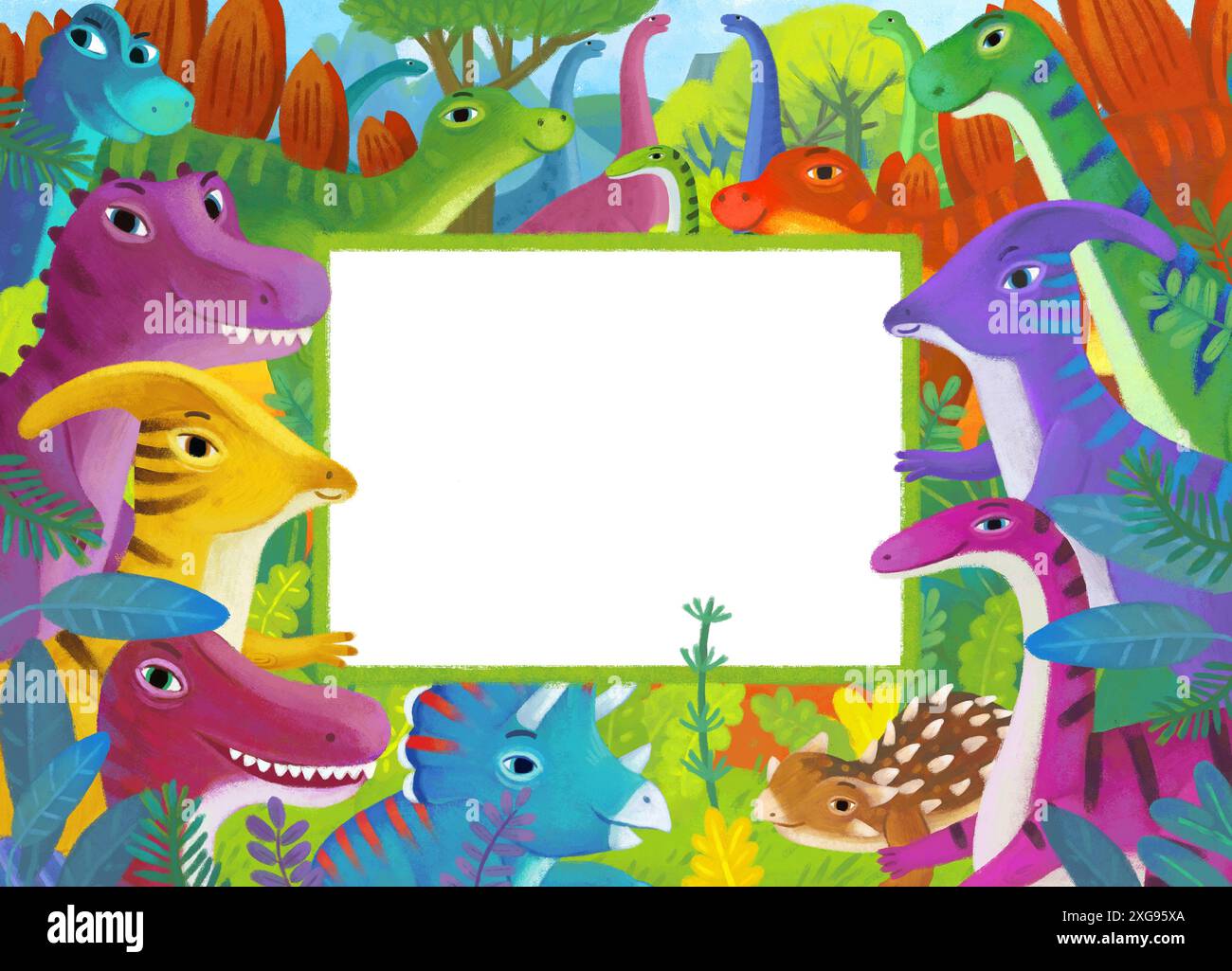 cartoon nature scene as frame border template with jungle forest with ...