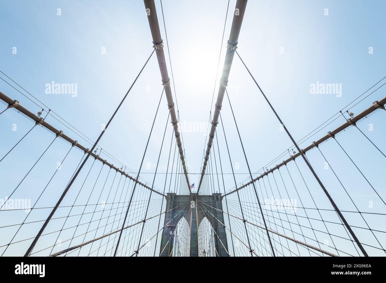 Wide-angle view of the Brooklyn Bridge in New York City. This dramatic ...