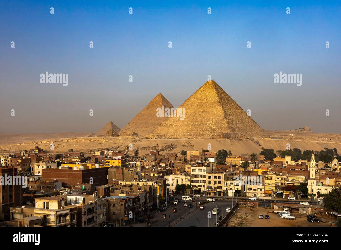 The great pyramids of Giza, early morning, view of morning glow from a ...