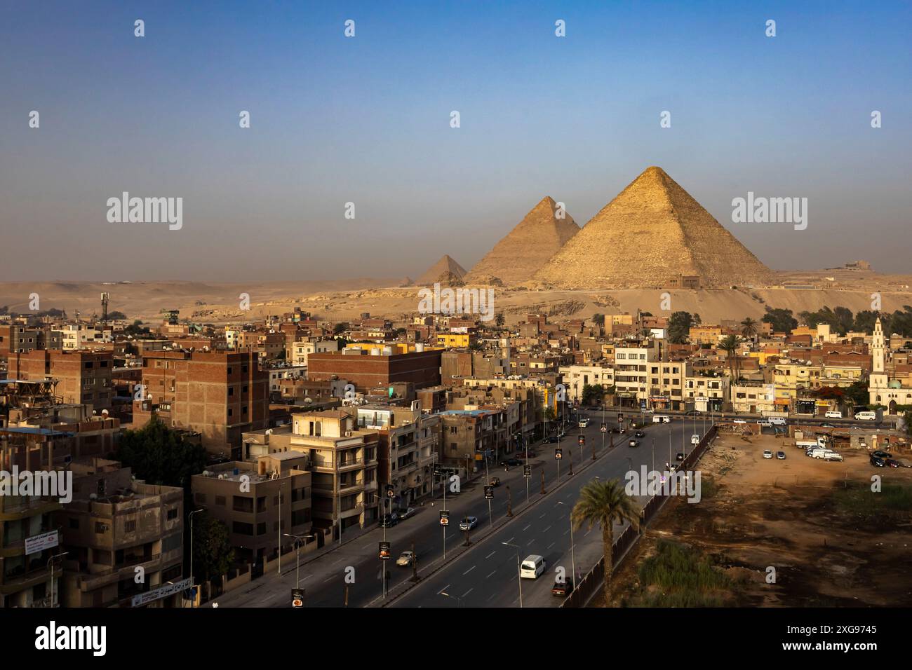The great pyramids of Giza, early morning, view of morning glow from a ...