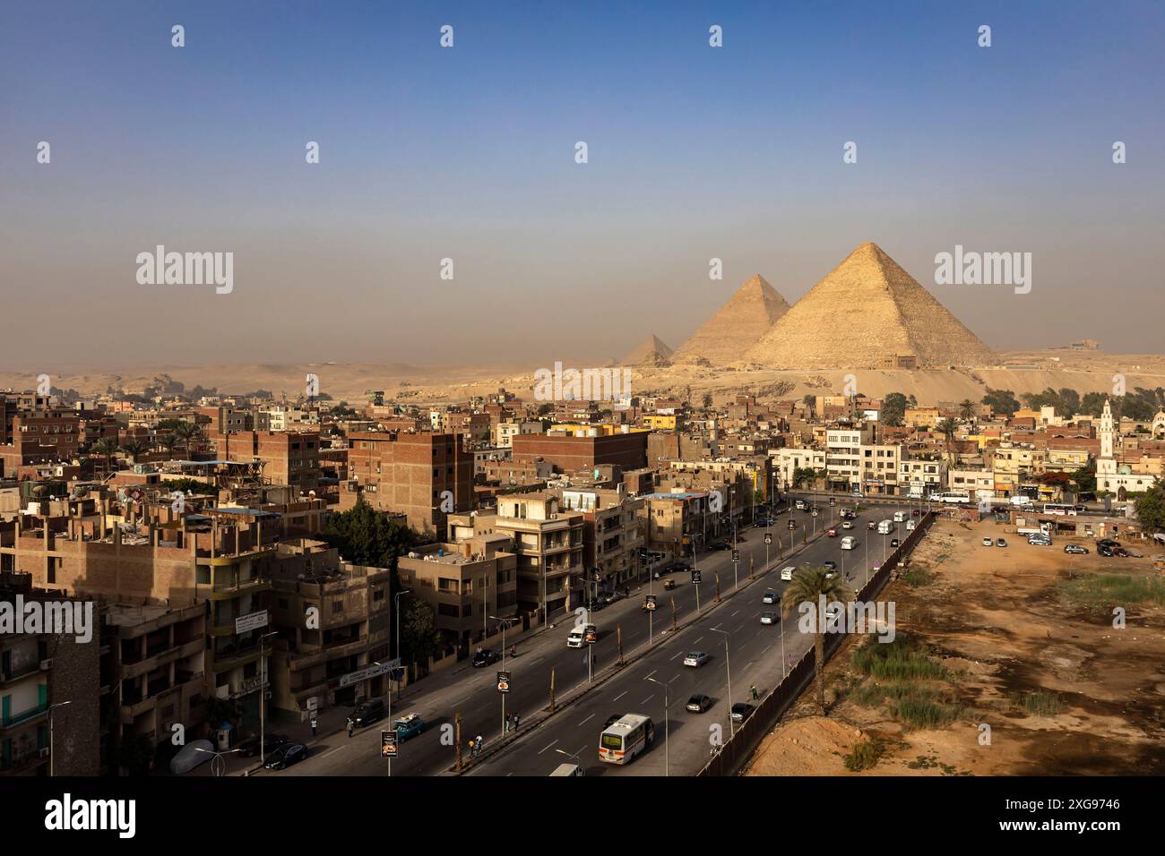 The great pyramids of Giza, early morning, view of morning glow from a ...